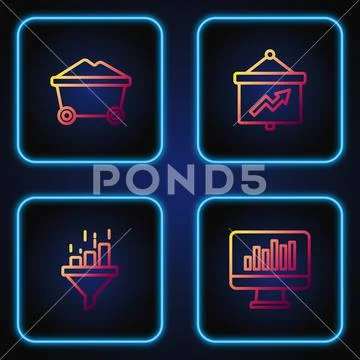 Set line Monitor with graph chart, Sales funnel, Coal mine trolley and Board Illustration #159166168