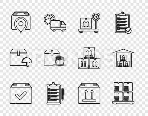 Set line Package box with check mark, Cardboard boxes on pallet, Scale cardboard Illustration ...