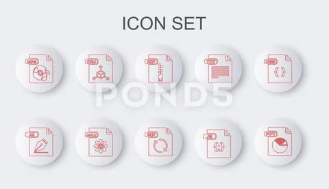 Set line PPT file document, AI, ZIP, JS, MP3, OBJ, MAX and GIF icon. Vector ~ Clip Art #200112779