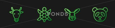 Set line Rabbit head, Cow, Turtle and Cute panda face. Gradient color ...
