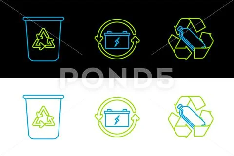 Set line Recycling plastic bottle, Recycle bin with recycle symbol and Battery: Graphic #239769841
