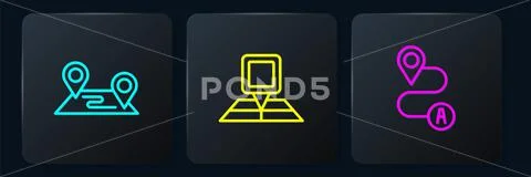 Set line Route location, and Folded map with marker. Black square ...