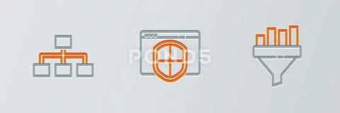 Set line Sales funnel with chart, Hierarchy organogram and Browser shield icon Illustration ...