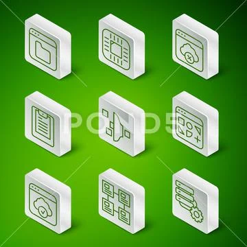 Set line Server and gear, Hierarchy organogram chart, Browser files, Filter: Royalty Free #195236158