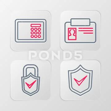 Set line Shield with check mark, Lock and, Identification badge and Safe icon Illustration ...