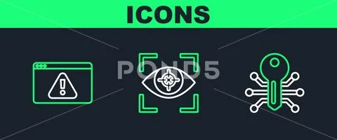 Set line Smart key, Browser with exclamation mark and Eye scan icon ...