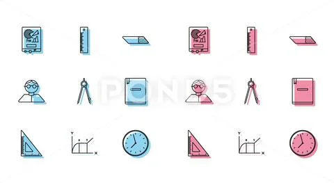 Set line Triangular ruler, Pie chart infographic, Board with, Clock ...