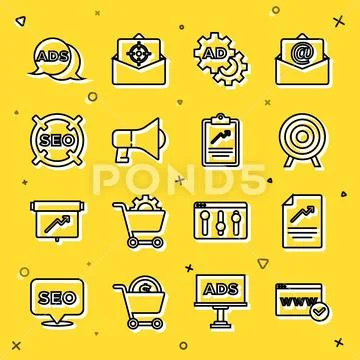 Set line Website template, Document with graph chart, Target sport, Advertising: Graphic #230961445