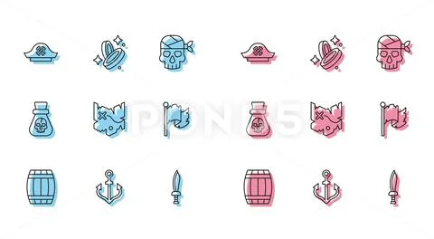 Set line Wooden barrel, Anchor, Pirate hat, sword, treasure map, flag ...