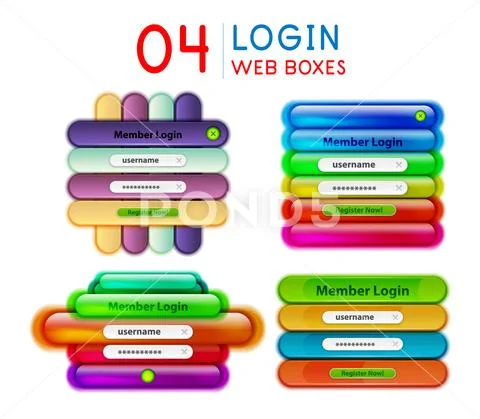 Set of login menu web interface templates with buttons and sample text ...