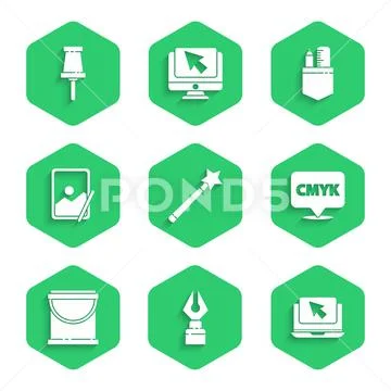 Set Magic wand, Fountain pen nib, Laptop cursor, Speech bubble with ...