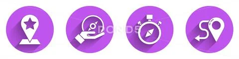 Set Map pointer with star, Compass, Compass and Route location icon with long Illustration ...