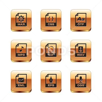 Set MAX file document, EML, EPS, GIF, MP3 and OTF icon. Vector: Royalty Free #162685142
