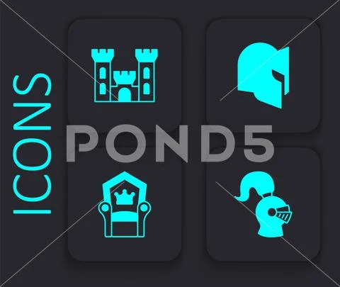 Set Medieval helmet, Castle, and throne icon. Black square button ...