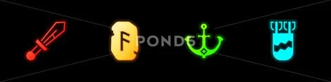 Set Medieval sword, Magic rune, Anchor and Quiver with arrows icon ...