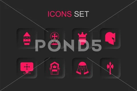 Set Medieval throne, Crusade, Castle tower, helmet, axe, King crown and ...