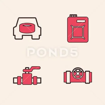 Set Metallic pipes and valve, Spare wheel in the car, Canister for ...