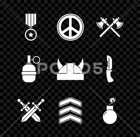 Set Military reward medal, Peace, Crossed medieval axes, sword, rank ...