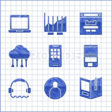 Set Mobile phone, Create account screen, Open book, Laptop, Headphones, Network: Royalty Free ...