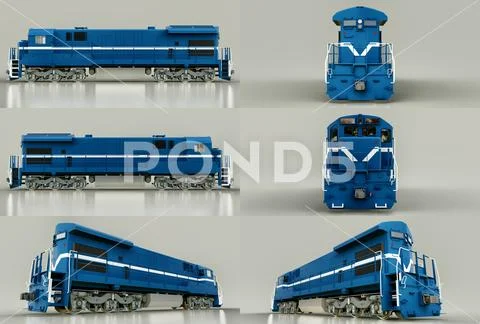 Set modern blue diesel railway locomotive with great power and strength ...