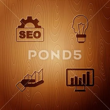 Set Monitor with graph chart, SEO optimization, Pie infographic and Light bulb ~ Clip Art #156537683