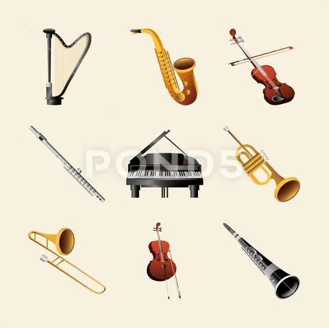 Set of musical instruments include piano harp flute trumpet and others ...