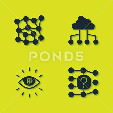 Set Neural network, Artificial intelligence AI and Network cloud connection icon Illustration ...