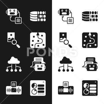 Set Neural network, Photo retouching, Artificial intelligence robot, Binary code Illustration ...