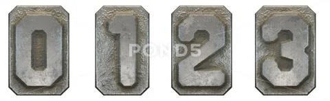 Set of numbers 0, 1, 2, 3 made of industrial metal on white background ...
