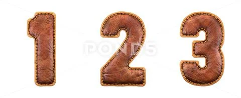 Set of numbers 1, 2, 3 made of leather. 3D render font with skin ...