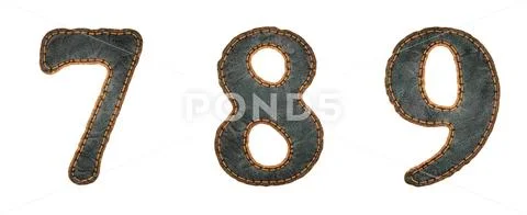 Set of numbers 7, 8, 9 made of leather. 3D render font with skin ...