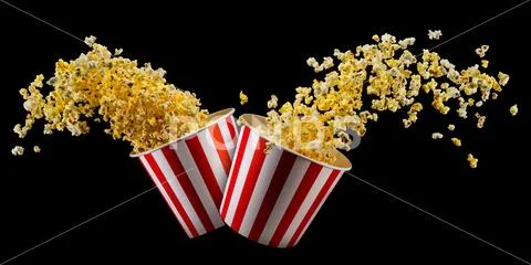 Set of paper striped buckets with popcorn isolated on black background ...