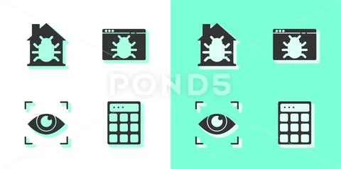 Set Password protection, House system bug, Eye scan and System icon. Vector Illustration #150417896