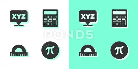 Set Pi symbol, XYZ Coordinate system, Protractor and Calculator icon. Vector: Graphic #161947361