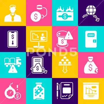 Set Pie chart infographic, Money bag, Prison cell door, Burning dollar bill ~ Clip Art #162684007