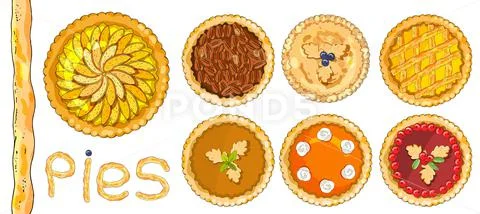 Set of pies with different toppings. Vector illustration isolated on ...