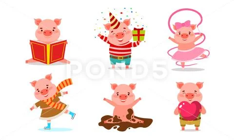 Set of pigs expressing positive emotions vector illustration ...