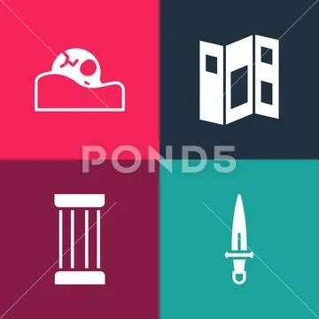 Set pop art Dagger, Ancient column, Museum guide brochure and Human ...