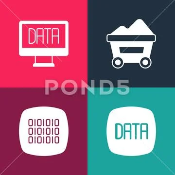 Set pop art Data analysis, Binary code, Coal mine trolley and icon. Vector: Graphic #253479969