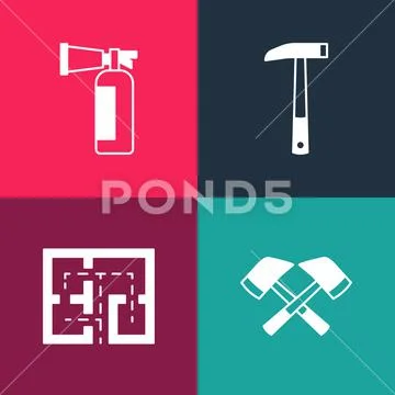 Set pop art Firefighter axe, Evacuation plan, and extinguisher icon ...