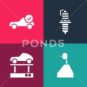 Set pop art Gear shifter, Repair car on lift, Car spark plug and Auto ...
