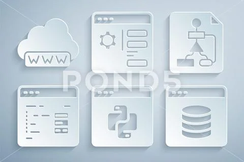 Set Python programming language, Flowchart, Software, Server, Data, Web Hosting: Royalty Free ...