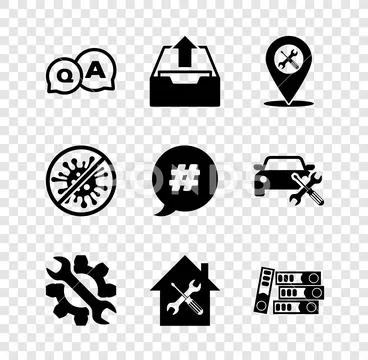 Set Question and Answer, Upload inbox, Location service, Wrench gear, House.. Illustration ...