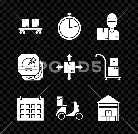 Set Railway carriage, Stopwatch, Delivery man with cardboard boxes, Calendar ~ Clip Art #159566743