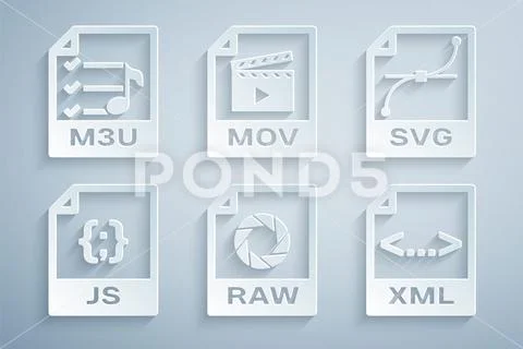 Set RAW file document, SVG, JS, XML, MOV and M3U icon. Vector: Graphic #197794773