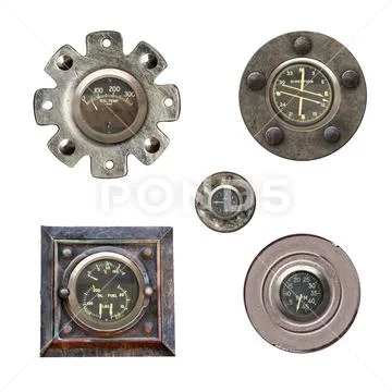 Set of retro indicators on control panel in plane cockpit. Isolated on ...