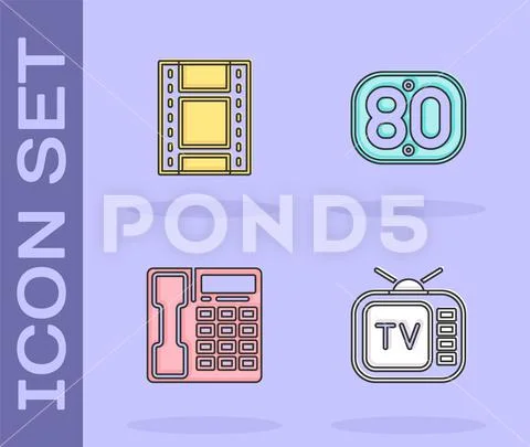 Set Retro tv, Play Video, Telephone handset and 80s icon. Vector ...