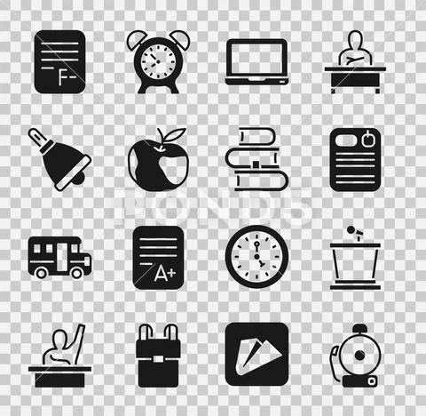 Set Ringing alarm bell, Stage stand, Dossier folder, Laptop, Apple ...