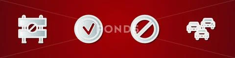 Set Road barrier, Check mark in round, Ban and Traffic jam icon. Vector ...