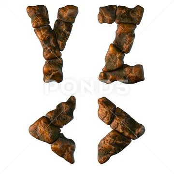 Set of rocky letters Y, Z. and symbol left, right angle bracket. Font ...